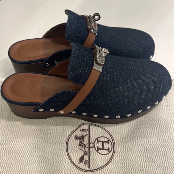 Hermes | Shoes | Hermes Carlotta Denim Kelly Lock Clogs | Poshmark